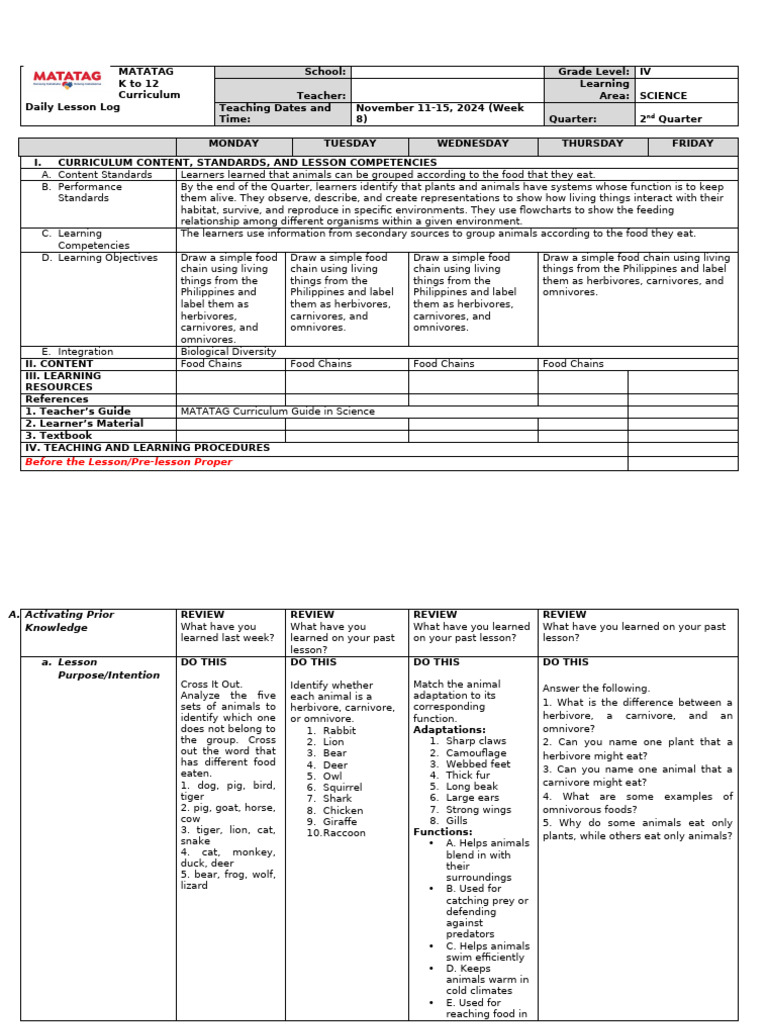 Matatag DLL Week 8 Science g4 q2 | PDF | Food Web | Foods