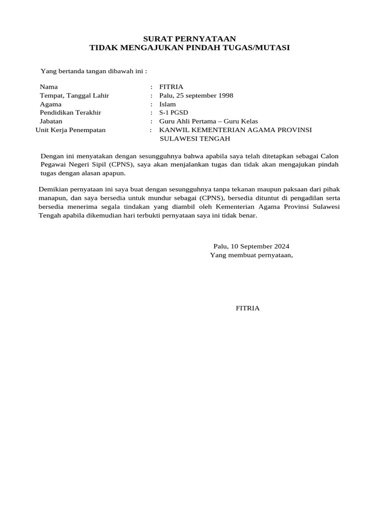 Surat-Pernyataan-Tidak-Pindah Mutai Dan Pernyataan 5 Poin | PDF