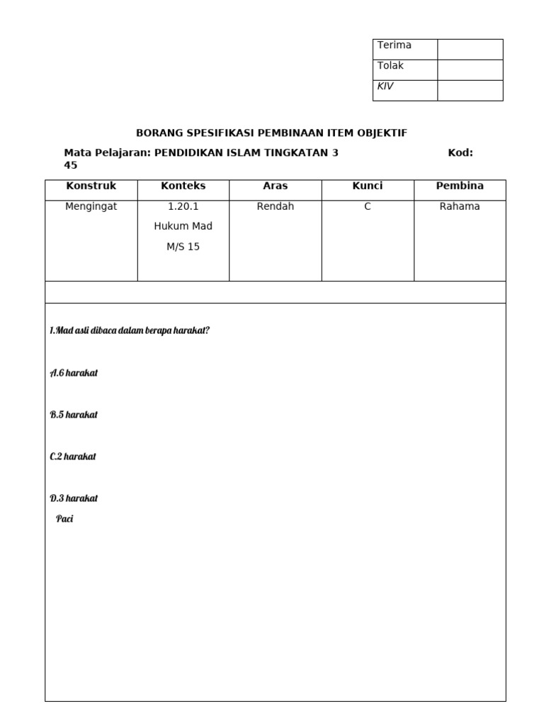 TINGKATAN 3 Borang Objektif UASA | PDF