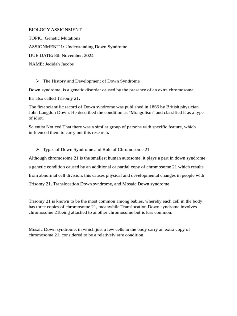 Jedidah Jacobs-Biology Assignment 1 | PDF | Down Syndrome | Genetic Disorder