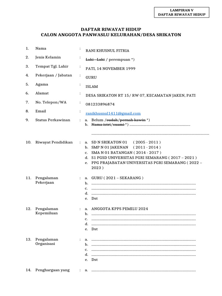 CV Rani Khusnul Fitria Panwaslu Srikaton | PDF