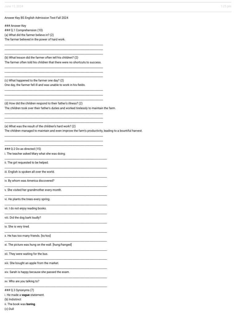 Answer Key BS English Admission Test Fall 2024 | PDF | Educational ...