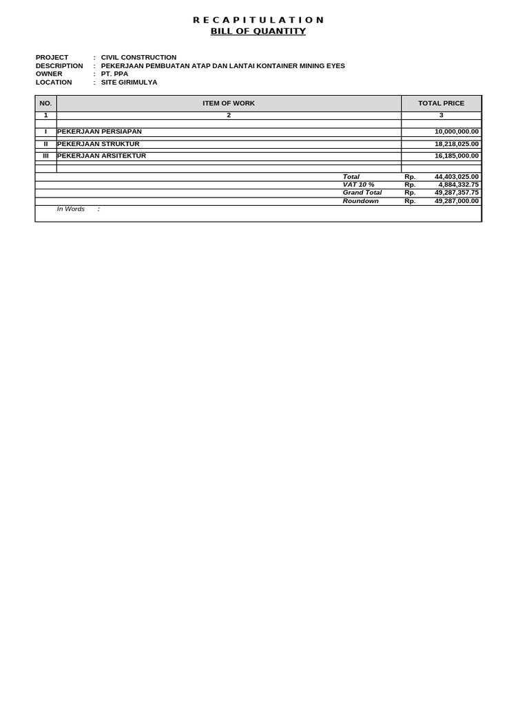 BOQ (Kosongan) Pekerjaan Pembuatan Atap Dan Lantai Kontainer Mining ...