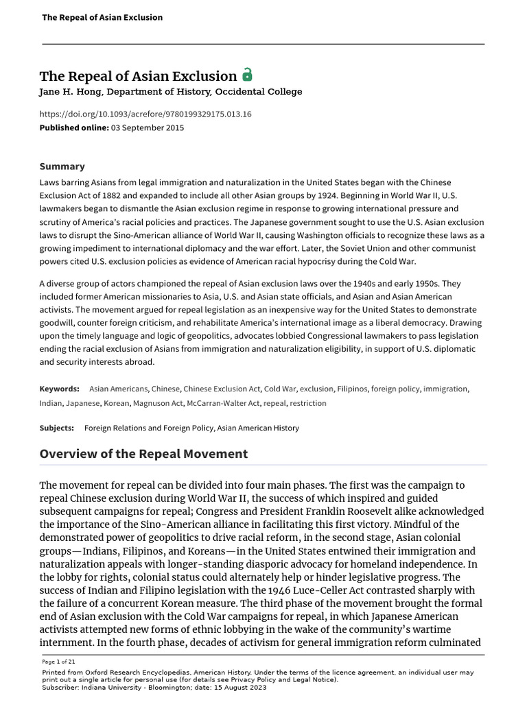Repeal of Asian Exclusion Laws Explained | PDF | Naturalization | The ...