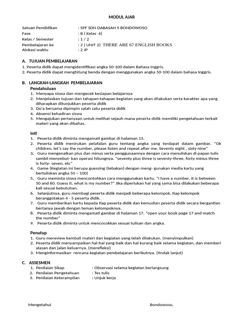 2 Modul Ajar - Kurmer Bhs Inggris Kelas 4 Unit 2 | PDF