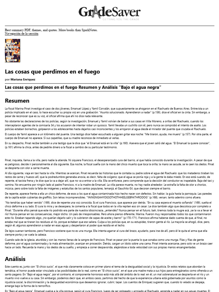 Resumen y Análisis "Bajo El Agua Negra" - GradeSaver | PDF