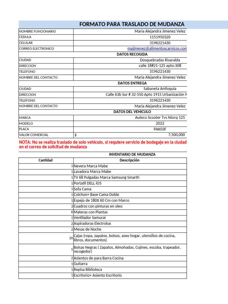 Formato para Traslado de Mudanza.. | PDF