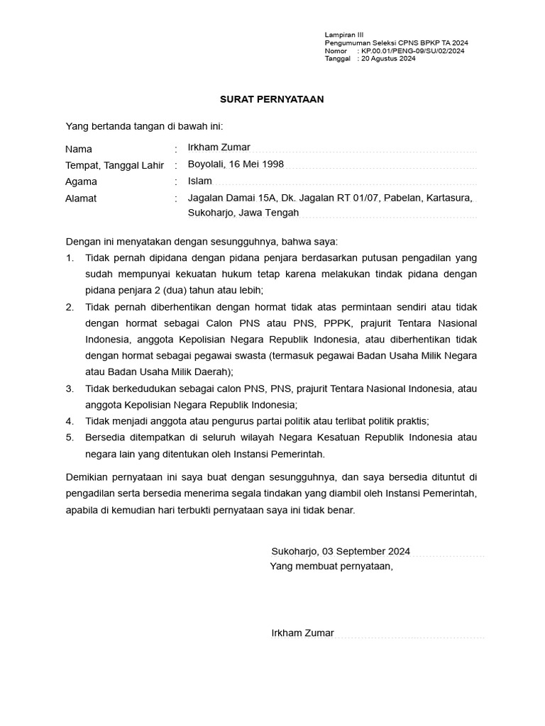 Surat Pernyataan BPKP | PDF