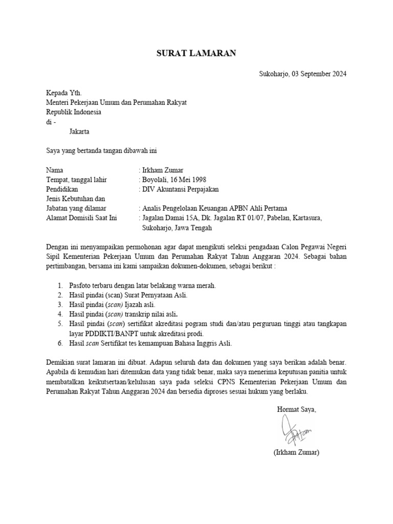 Surat Lamaran PUPR New | PDF