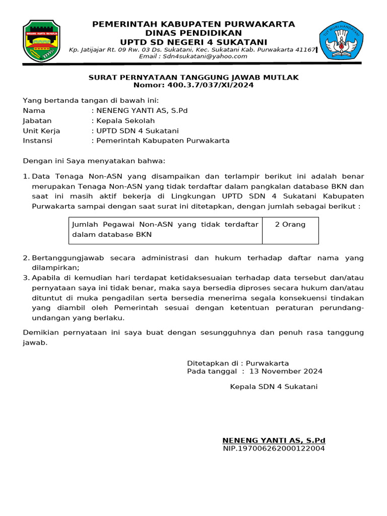 Lampiran 6 Surat Pernyataan Tanggung Jawab Mutlak (Bagi Non ASN Yang Tidak Terdaftar Dalam ...