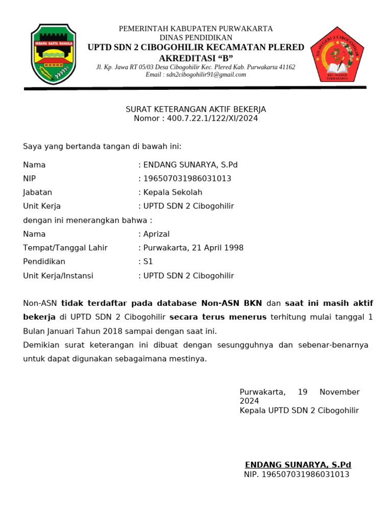 Lampiran 5 Surat Keterangan Aktif Bekerja (Bagi Non-ASN Yang Tidak Terdata Pada Database BKN) | PDF