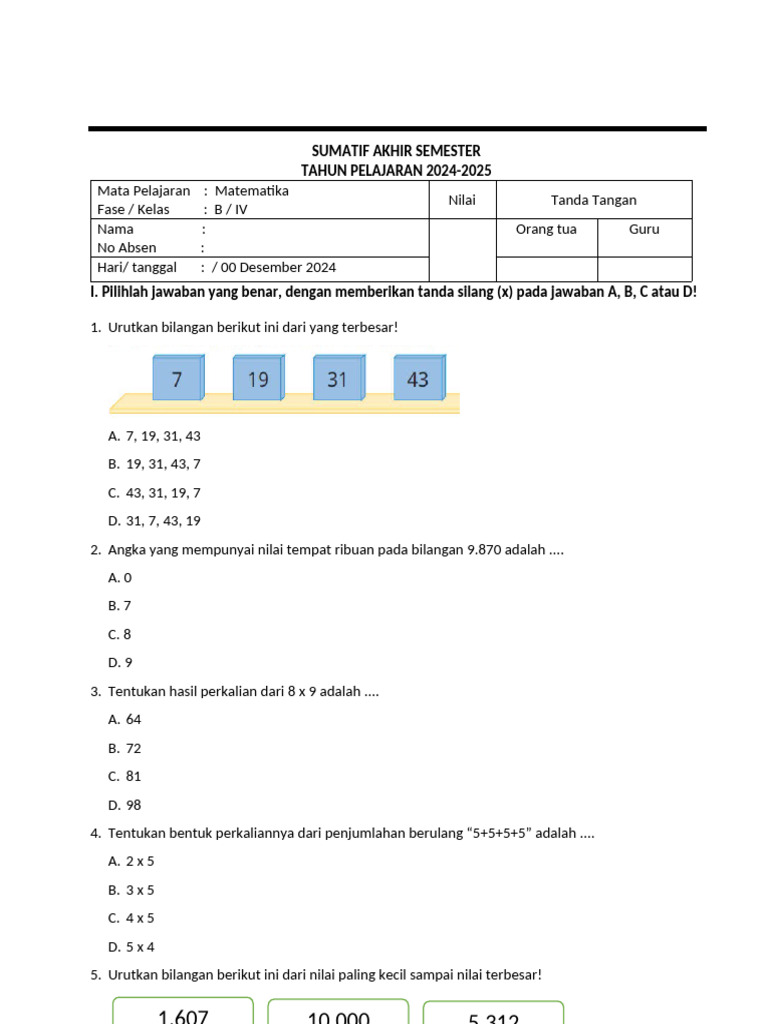 SOAL PAS MTK Kls 4 SMT 1 | PDF