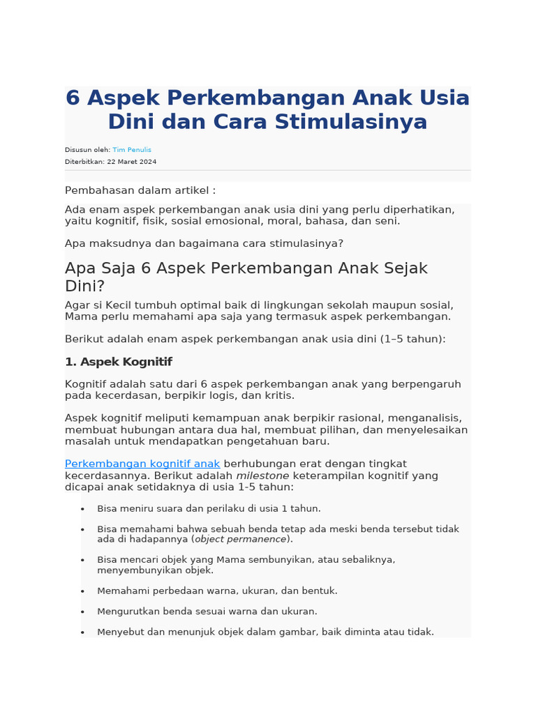 6 Aspek Perkembangan Anak Usia Dini Dan Cara Stimulasinya | PDF