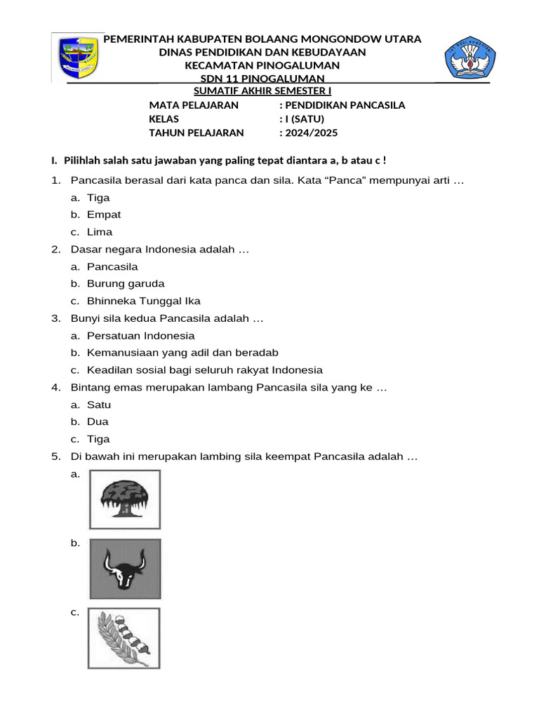 Soal SAS 1 Pend Pancasila Kelas 1 | PDF