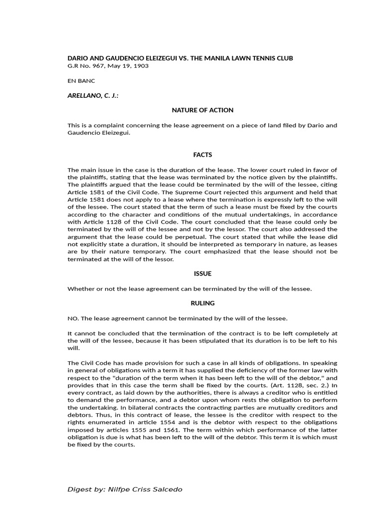 ObliCon Case Digest - Eleizegui vs. Lawn Tennis Club | PDF | Lease ...
