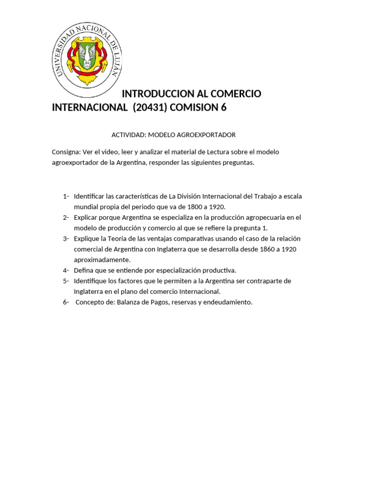 ACTIVIDAD Modelo Agroexportador | PDF