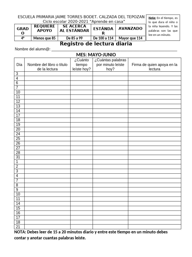 Registro de Lectura Diario 4° Grado | PDF