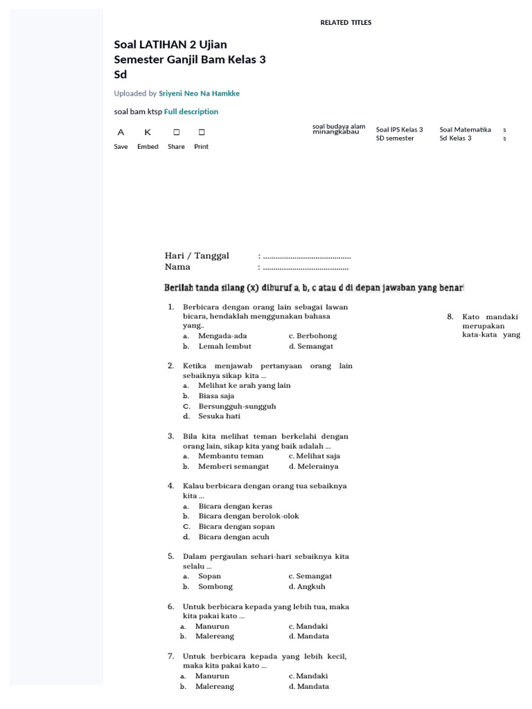 PDF Soal Latihan 2 Ujian Semester Ganjil Bam Kelas 3 SD | PDF