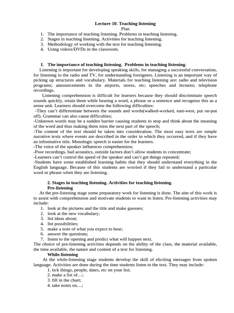 Lecture 10. Teaching Listening | PDF | Speech | Reading Comprehension