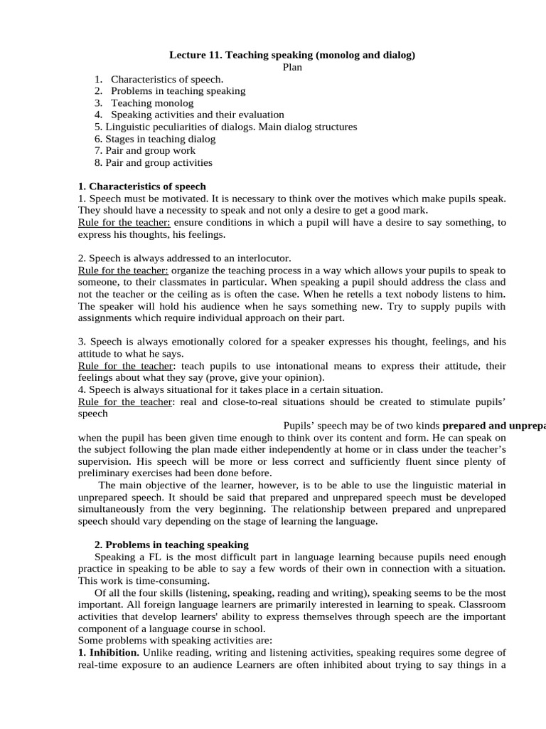 Lecture 11. Teaching Speaking | PDF | Learning | Fluency