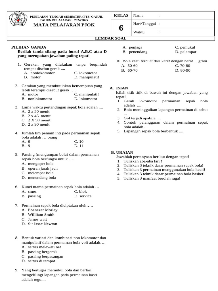 Soal Pts Ganjil Pjok Kelas 6 | PDF