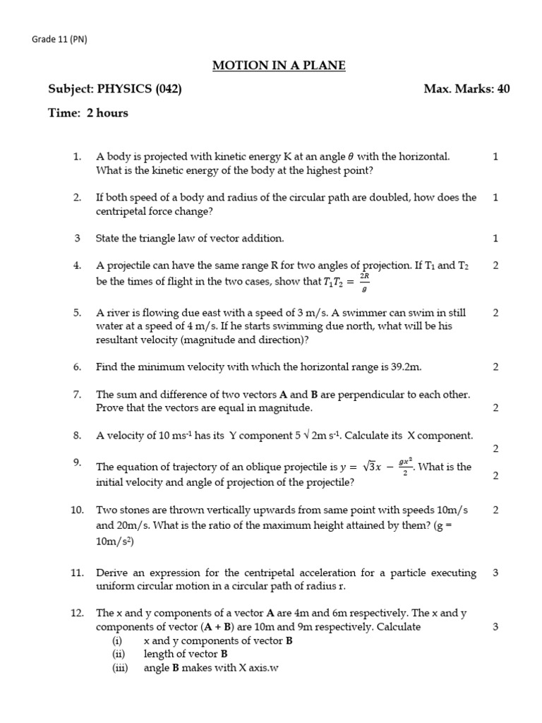 Motion in A Plane - Paper | PDF | Velocity | Acceleration