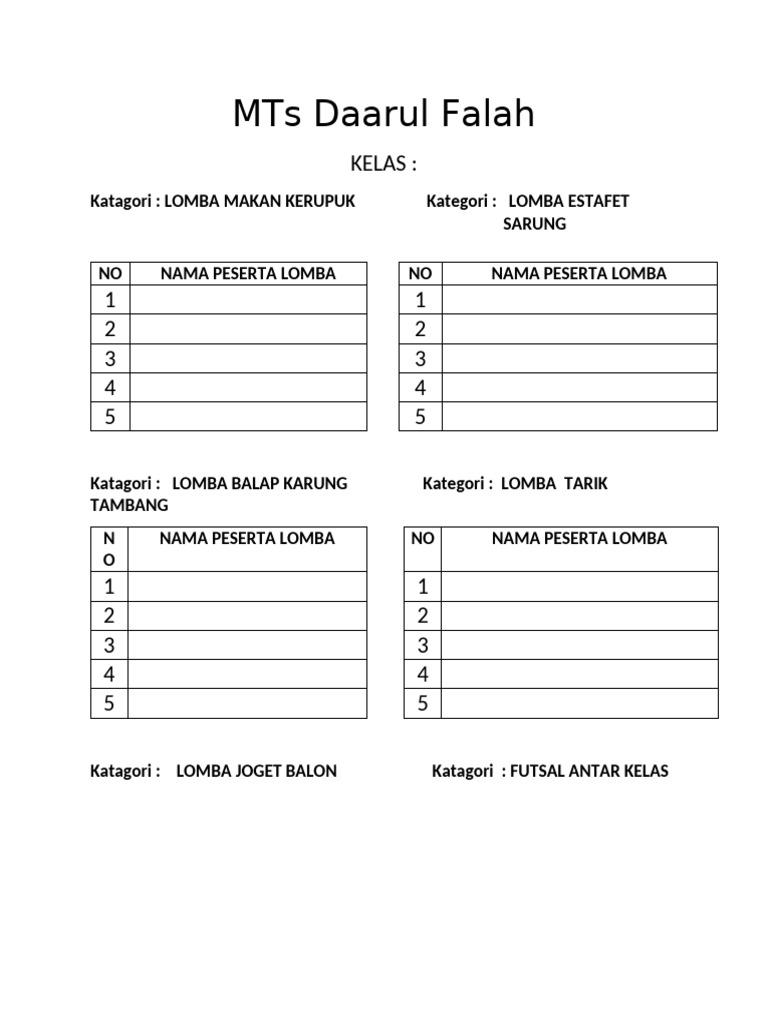 Tabel Daftar Perlombaan | PDF