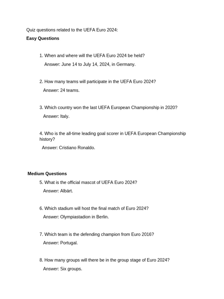 Euro Cup Quiz Questions | PDF
