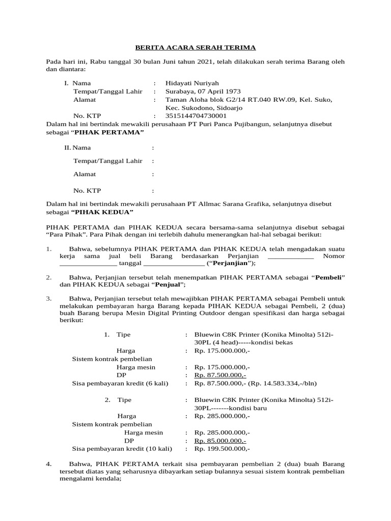 BA Serah Terima Mesin Digital Printing Outdoor | PDF