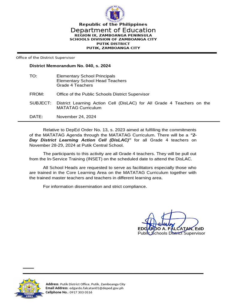 District Memo. No. 040 S. 2024 DisLAC Training of All Grade 4 Teachers MATATAG Curriculum | PDF