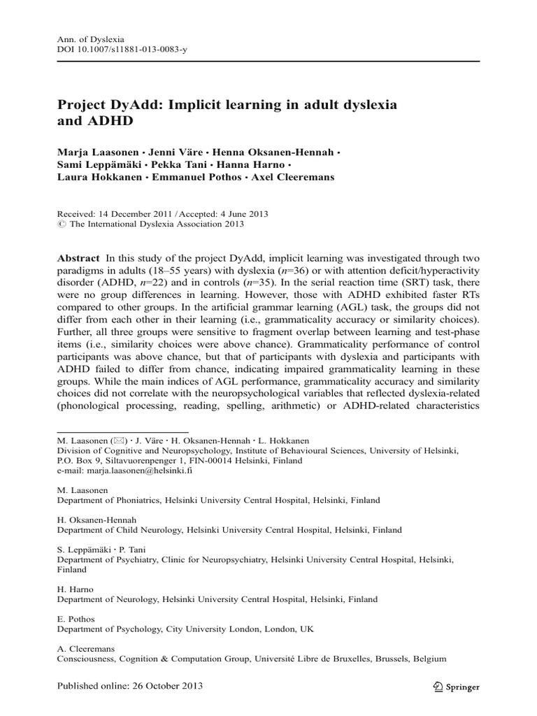 Implicit Learning in Adult Dyslexia | PDF | Dyslexia | Attention Deficit Hyperactivity Disorder