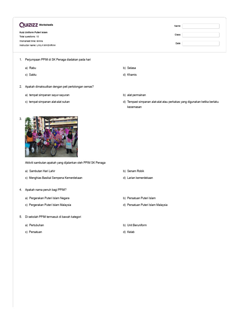 Kuiz Uniform Puteri Islam - Quizizz | PDF