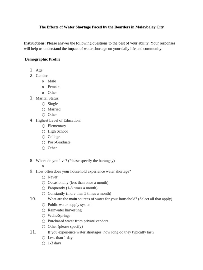 Questionnaire - The Effects of Water Shortage Faced by The Boarders in ...