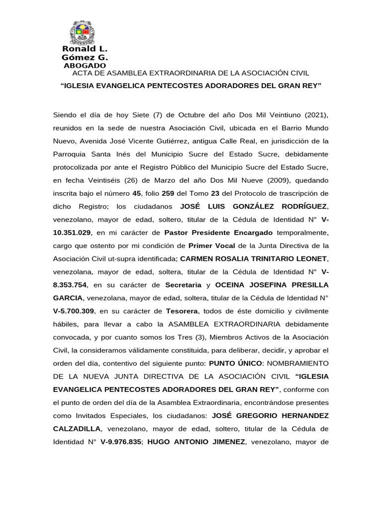Nueva Junta Directiva de Asociación Civil | PDF | Venezuela | Documento ...