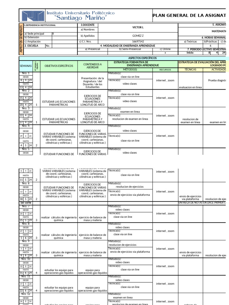 2-. PSM Plan General de La Asignatura MATE 3 Excel-2 | PDF | Evaluación ...