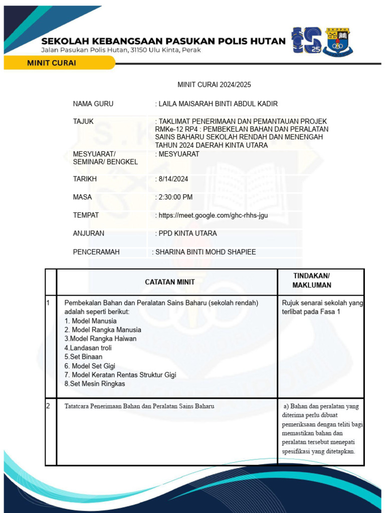 Catatan Minit Tindakan/ Makluman | PDF