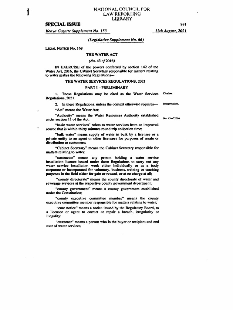 Water Services Regulations 2021 Rules | PDF | Expense | Water Supply