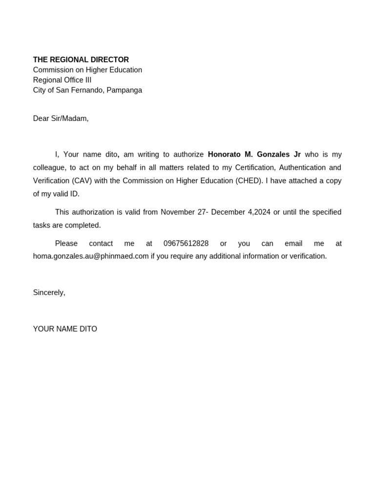 CAV Authorization Letter | PDF