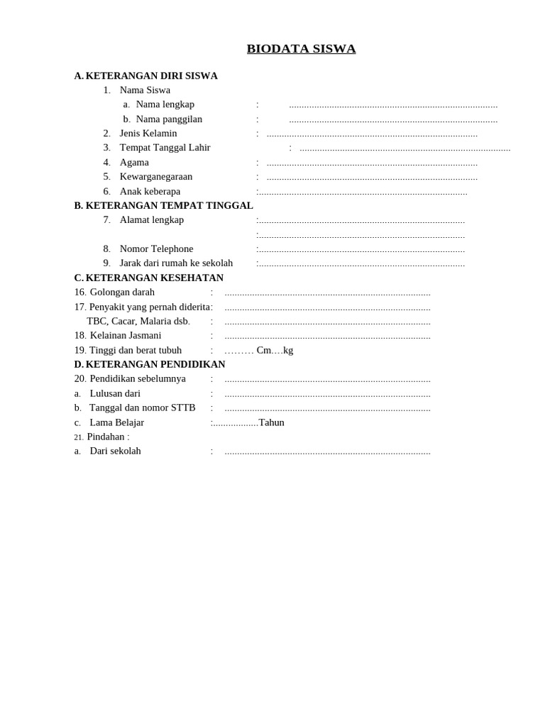 Contoh Formulir Biodata Siswa | PDF