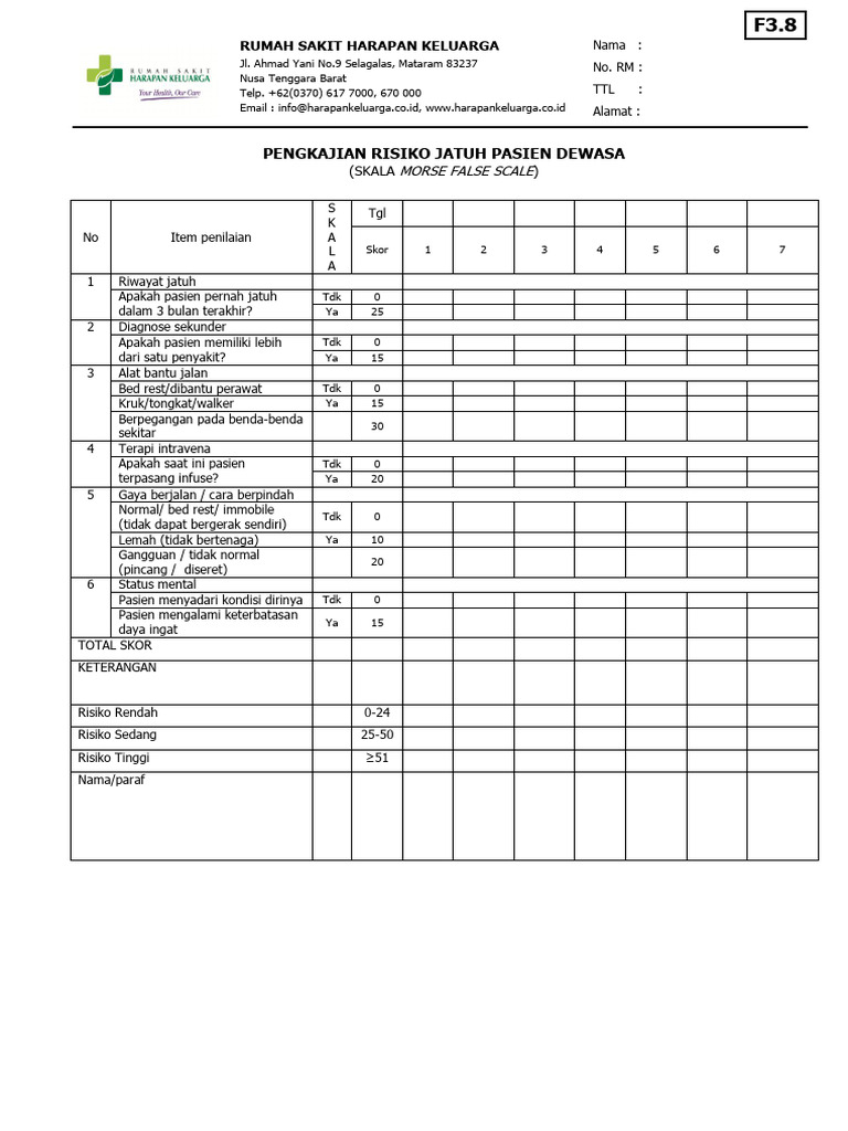 F3.8 Formulir Pengkajian Risiko Jatuh Pasien Dewasa | PDF