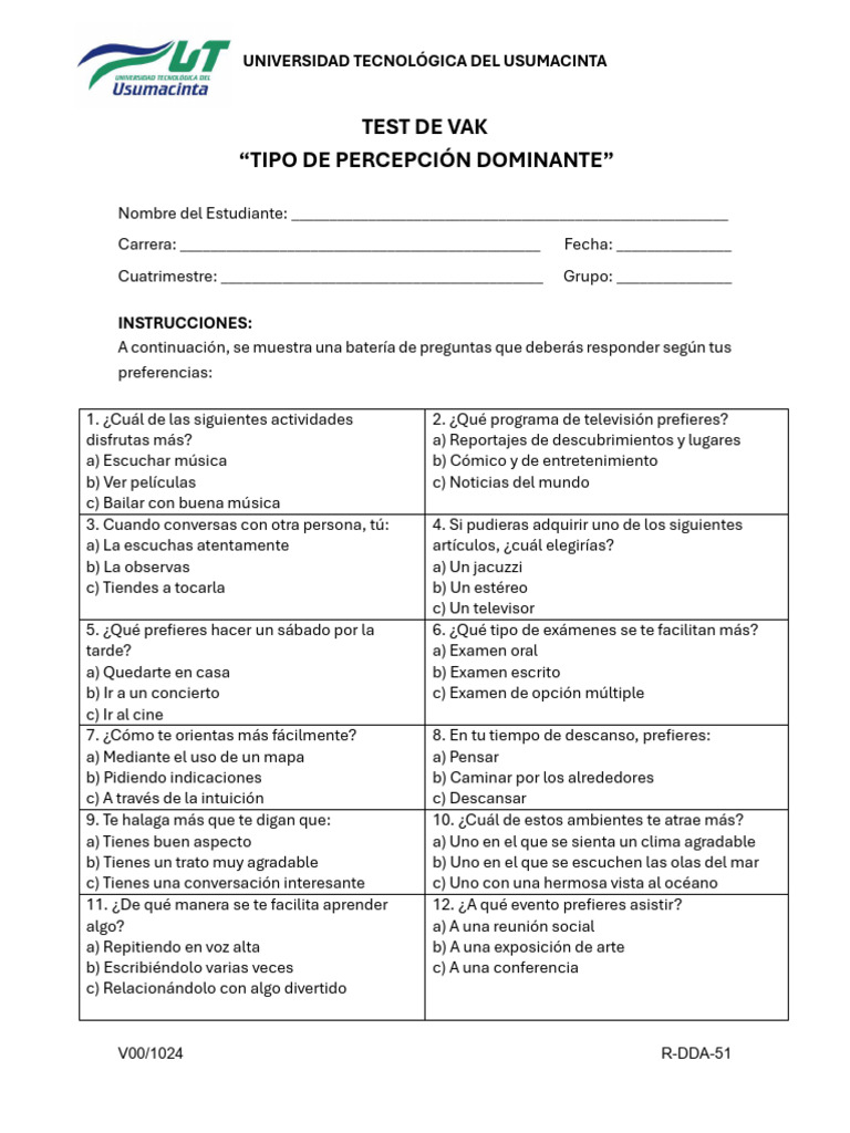 R-Dda-51 Test de Vak | PDF | Aprendizaje