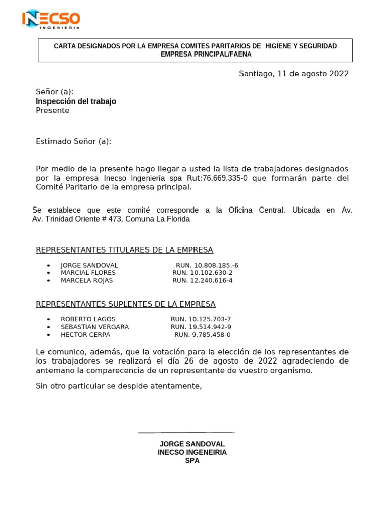 Carta Inspeccion Del Comite Paritario | PDF