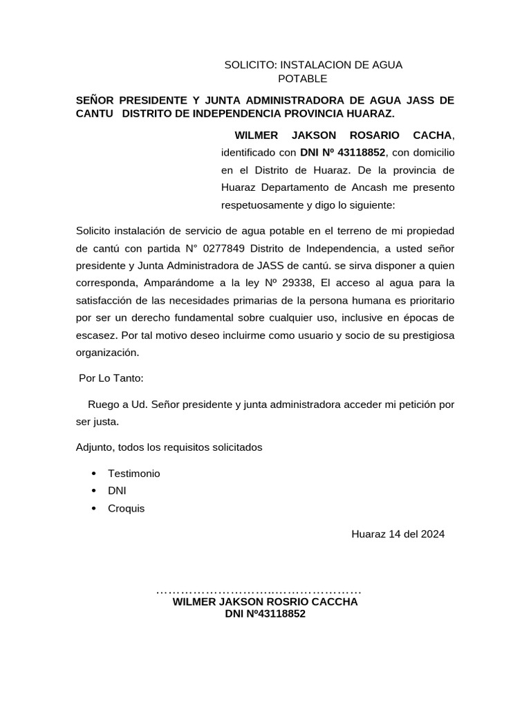 Solicitud Agua POTABLE JASS 2 | PDF