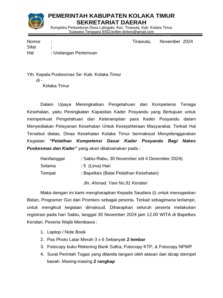 SURAT Pelatihan Kader Posyandu 2024 | PDF