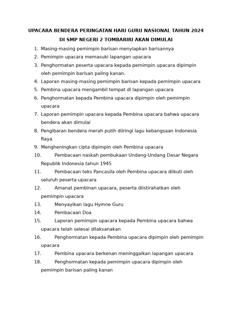 Susunan Acara Upacara Bendera Peringatan Hari Guru Nasional Tahun 2024 | PDF