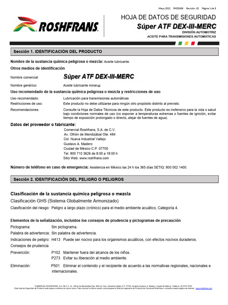 Hoja de Seguridad: Aceite ATF DEX-III-MERC | PDF | Agua | Combustión