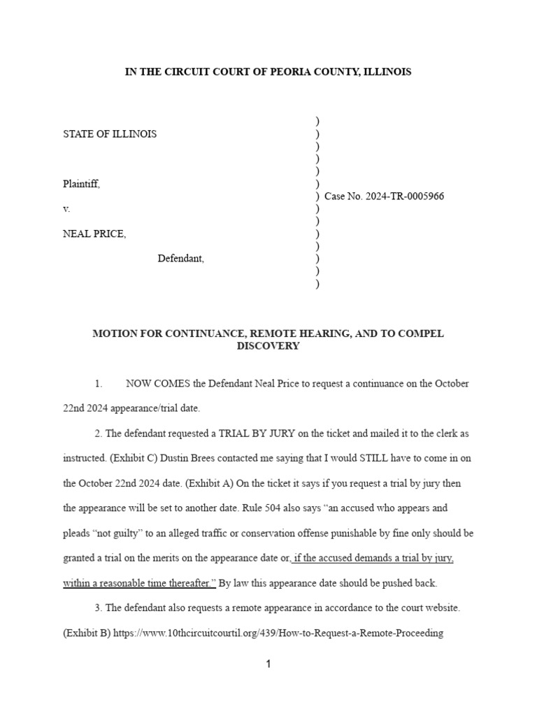 Motion For Continuance, Remote Hearing, and To Compel Discovery | PDF | Continuance | Discovery ...