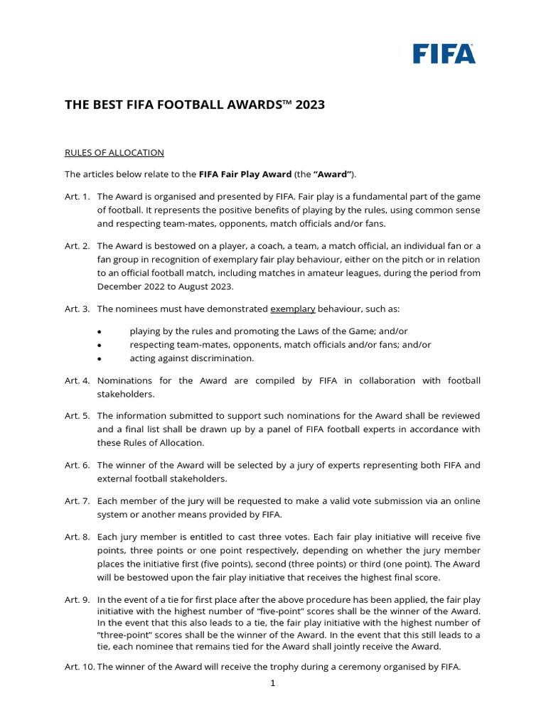 FIFA Awards 2022 FIFA Fair Play Award Rules of Allocation en | PDF ...