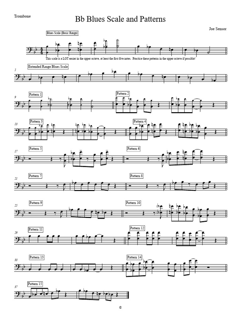 Bb Blues Scale Patterns for Trombone | PDF | Scale (Music) | Pitch (Music)