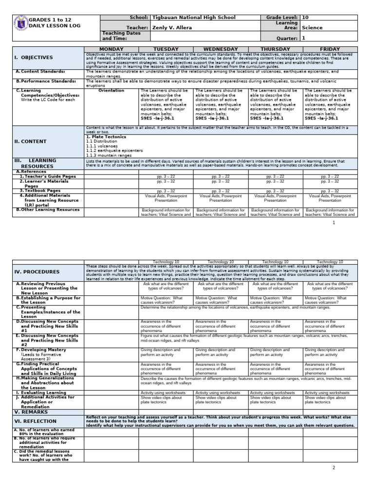 Grade 10 DLL (Science) | PDF | Volcano | Teachers